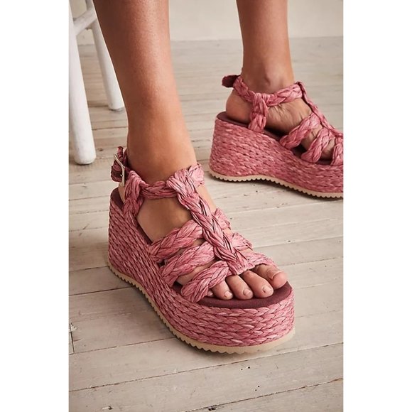Free People | Shoes | Free People Pink Raffia Rendezvous Wedge Sandals ...